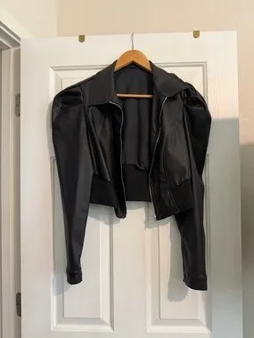 SHEIN | Jackets & Coats | Shein Black Faux Leather Cropped Jacket With ...